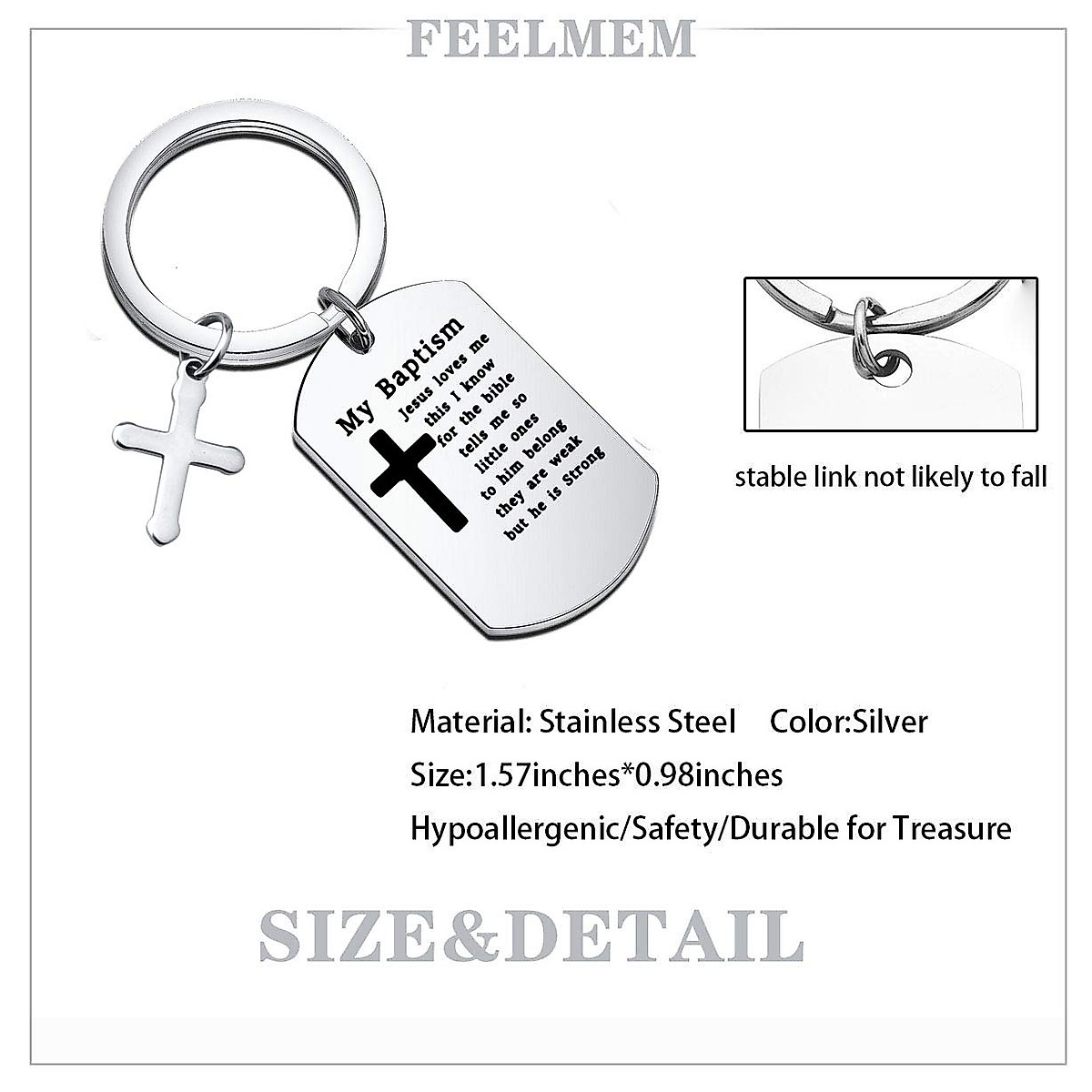 FEELMEM Christian Baptism Gift Jesus Loves Me My Baptism Dog Tag Keychain Teen Adult Woman Religious Baptized Jewelry Confirmation Gift for Girl (silver)