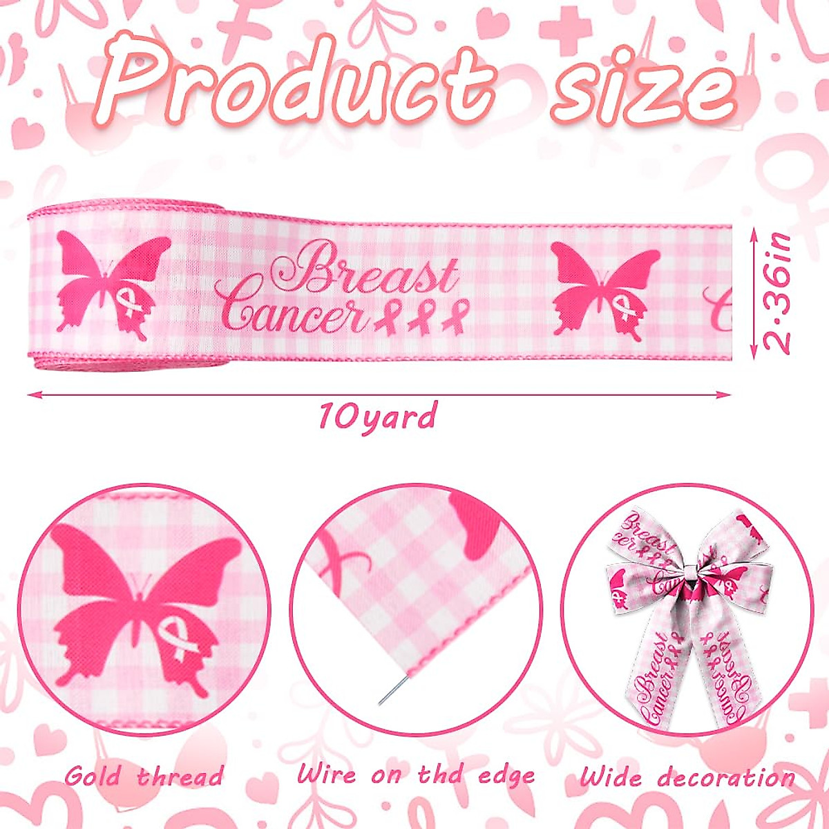 Breast Cancer Awareness Fabric Decor Ribbons Pink White Plaid Burlap Linen Ribbons for Breast Cancer Charity Party Hanging Decoration Gift Wrapping Indoor Outdoor Craft Supplies, 2.5 Inch * 10 Yards