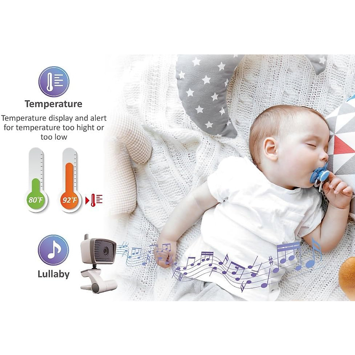 Baby Monitor No WiFi with 2 Cameras, 12hr Long Battery Life, 1000ft Range, 5" HD Display, Auto Night Vision, 2-Way Audio, Lullaby and Noise Activation