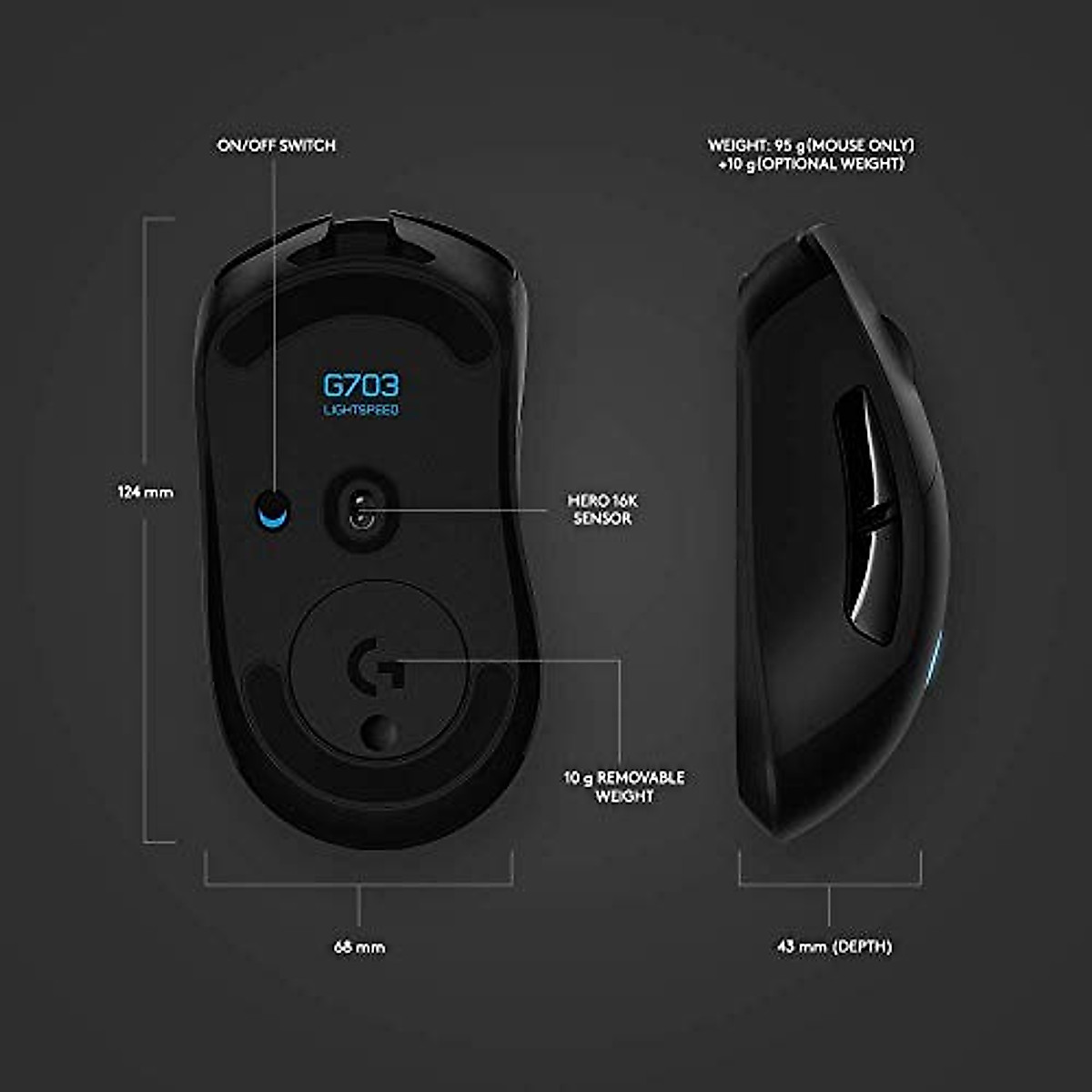 Logitech G703 Hero w/16K Sensor Lightspeed Wireless Gaming Mouse - Black (Renewed)