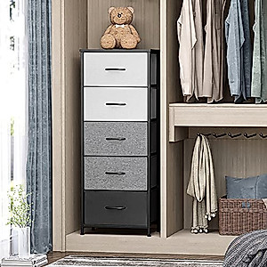 Crestlive Products Vertical Dresser Storage Tower - Sturdy Steel Frame, Wood Top, Easy Pull Fabric Bins, Wood Handles - Organizer Unit for Bedroom, Hallway, Entryway, Closets - 5 Drawers (Black&Gray)