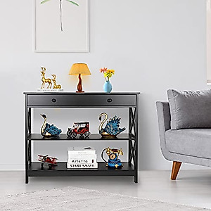 SUPER DEAL 3 Tier Console Table with 1 Storage Drawer Narrow Entryway Accent End Table Sofa Side Table for Living Room Bedroom Couch Hallway, X Frame Design, 39.3 Inch 2 Storage Shelves Black