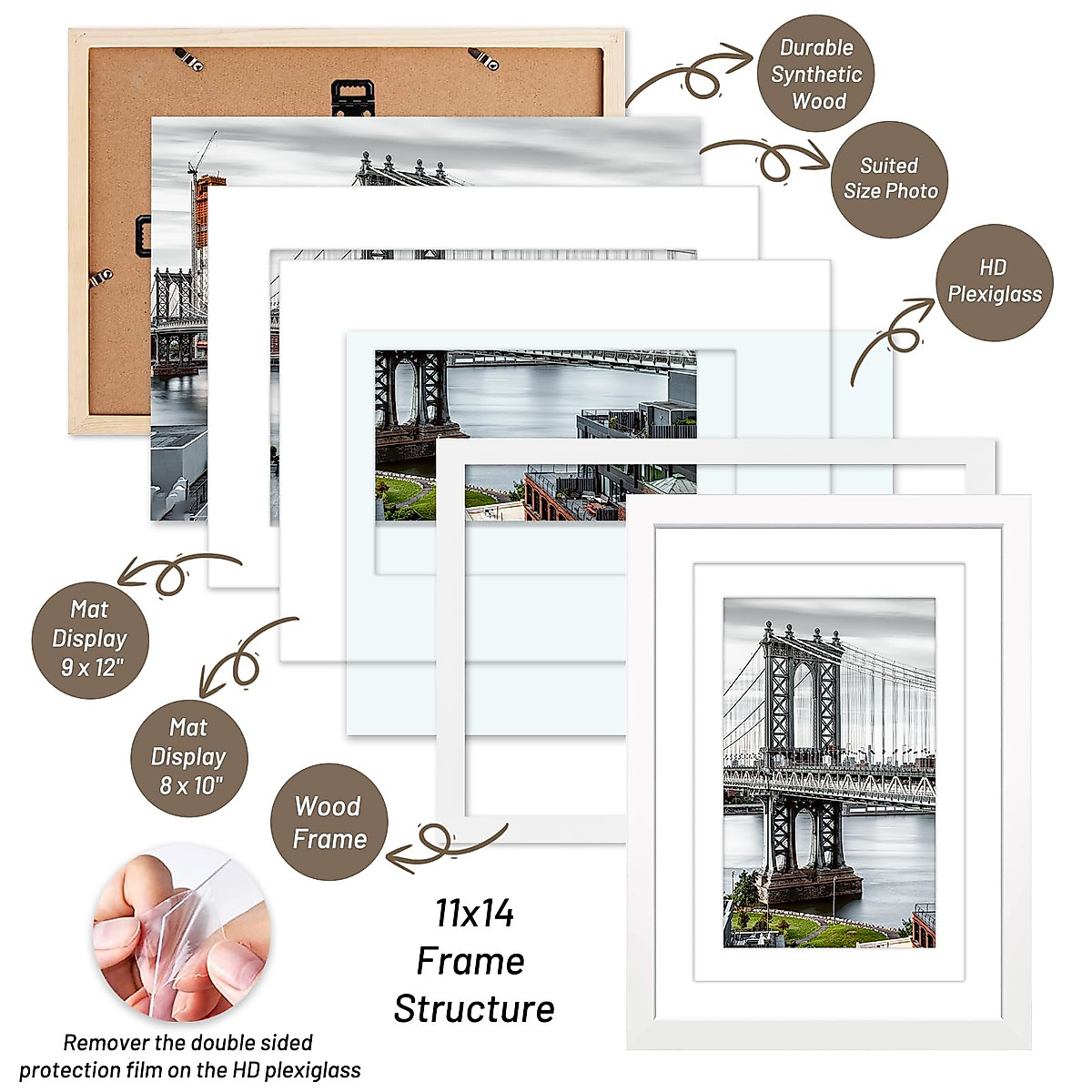 UHFWIFR 11x14 Picture Frames Solid Wood Display Pictures 9x12 or 8x10 with Mat or 11x14 Frame without Mat Poster Photo Frame Art with 2 Mats for Wall Mounting or Table Top(White)