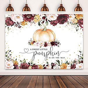 Mocsicka Burgundy Fall Pumpkin Baby Shower Backdrop Girl Autumn Baby Shower Background Little Pumpkin Baby Shower Party Decorations Banner Photo Studio Props (7x5ft)