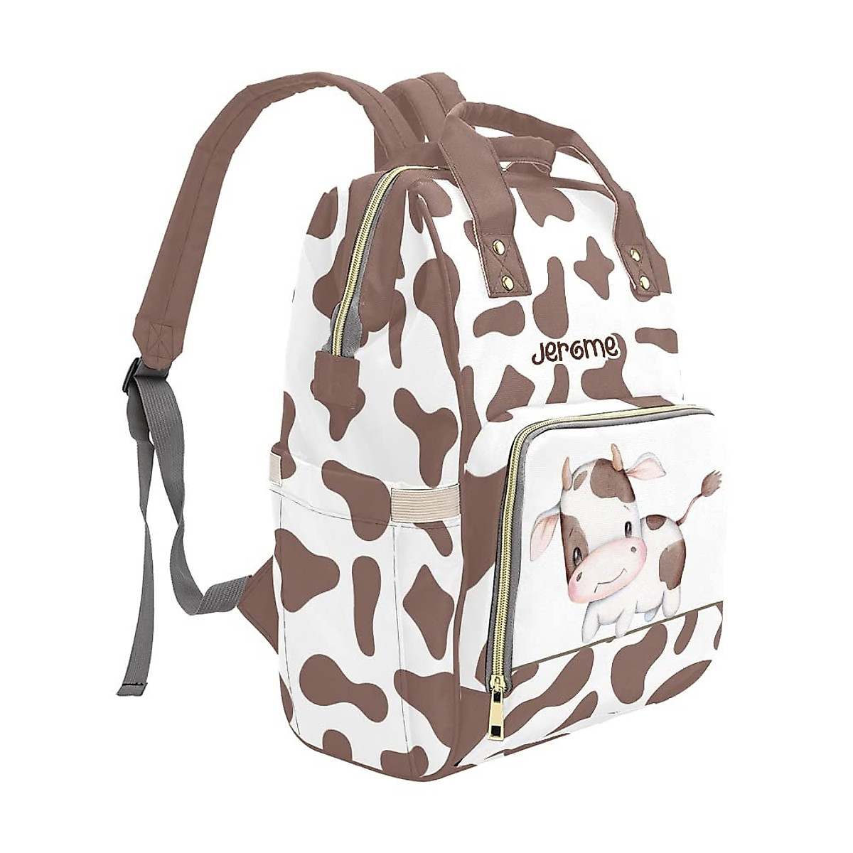 Urcustom Personalized Name Diaper Bag Backpack Cow Print Brown Multifunction Travel Backpack Nappy Bag Daypack for Mom Dad Boy Girl