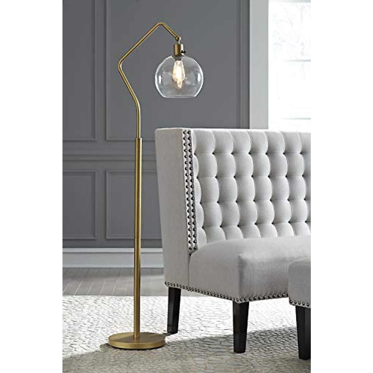 Signature Design by Ashley Marilee Modern 61.38" Floor Lamp with Glass Shade and Angular Arm, Antique Brass