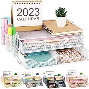 gianotter 3 Tier Desk Drawer Organizer, Office Desk Organizers and Accessories with 2 Pen Holder, Desk Accessories & Workspace Organizers for Home Office Supplies (White), G-3D