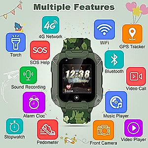 4G Kids Smart Watch Phone, Camouflage Boys Girls Water Resistant Watch with GPS Tracker and SIM Card, Voice & Video Chat, Alarm, Face Unlock Detachable Screen WiFi Wrist Watch for Kids (Green)