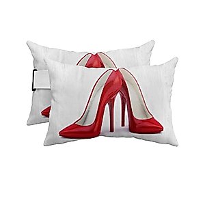 Outdoor Pillow for Chaise Lounge Chair, Red High Heels on Rustic Wooden Grain Waterproof Headrest Pillow Lumbar Pillows with Adjustable Elastic Strap for Beach, Poolside, Patio, Office (2 Pack)