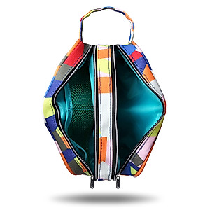 JEMIA Dual Compartments Collection 2 Independent Zipper Chambers with Mesh Pockets and Handle Strap Pencil Case (Geometric, Polyester)