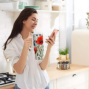 FENOCHE Red Poppy Flowers Butterfly 30 oz Tumbler Insulated Cups Stainless Steel Water Bottle with Handle Lid and Straw Tumblers for Car Cup Holder