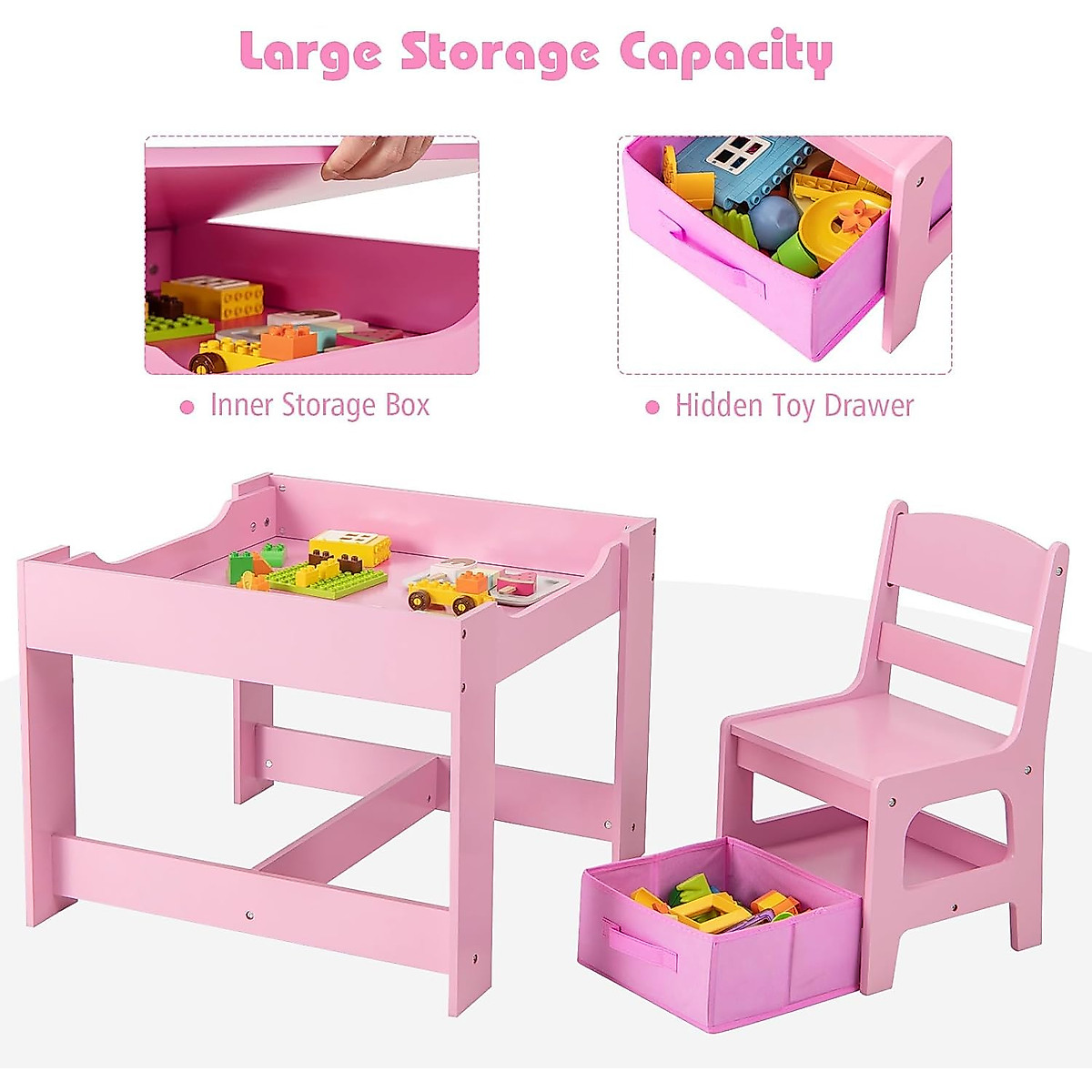 LDAILY Kids Table and Chairs, 3 in 1 Wooden Kids Table with Storage Drawer, Removable Blackboard, Reversible Tabletop, Toddler Table and Chair Set for Drawing, Reading, Writing, Playroom (Pink)