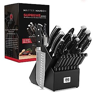 19-Piece Kitchen Knife Set With Wooden Knife Block - German Stainless Steel Knife Set for Kitchen with Block, Paring, Chefs, Santoku, Carving, Utility & 8 Steak Knives - Knife Sharpener & Shears