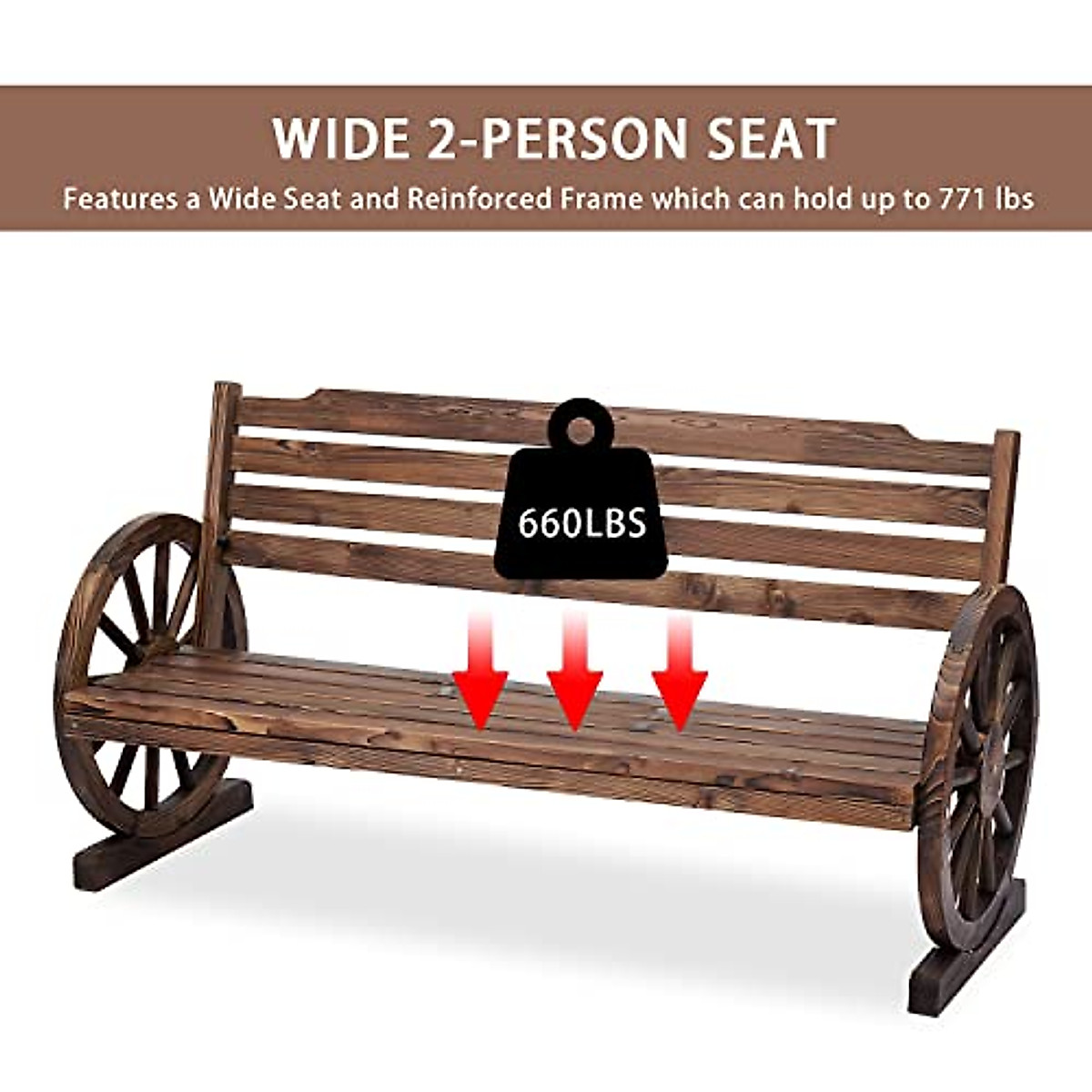 J-SUN-7 Outdoor Rustic Bench 2-Person Wood Wagon Wheel Bench with Backrest Wood Patio Bench for Backyard, Garden