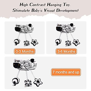 vocheer High Contrast Baby Toys for Newborn, Black and White Hanging Toy Car seat Crib Move, Animal Circle Plush Stroller Toy, Squeak Travel Activity Wind Chimes 0-6 Months (Zebra)