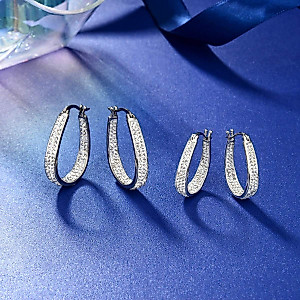 Crystal Hoop Earrings - Silver Plated Inside Out Oval Shape Hoop Earrings for Women, 1.2 Inch (White)