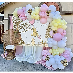 DMJ Classic Cartoon Bear Backdrop for Girls Birthday Party Pink Balloon Pooh Photograph Background Baby Shower Cake Table Decoration Background 7x5ft