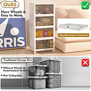 4 Tier Plastic Storage Bins with Lid 23QT, Stackable Storage Containers with Wheels, Folding Storage Boxes, Collapsible Storage Bins, Closet Organizers and Storage for Living Room,Office,Dorm