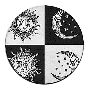 Comfortable Bedroom Living Room Decoration Sun and Moon Black and White Round Area Rugs Soft Flannel Mat Carpet, Fashion and Funny Play Mat with Non-Slip Bottom Protection, 24 Inches
