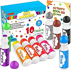 Washable Dot Markers for Toddlers Kids Preschool, 10 Colors 2 oz Kids Markers Set with 48 Pages Tearable Activity Book for Toddler Arts and Crafts Kits Supplies, Non-Toxic Water-Based Paint Dauber