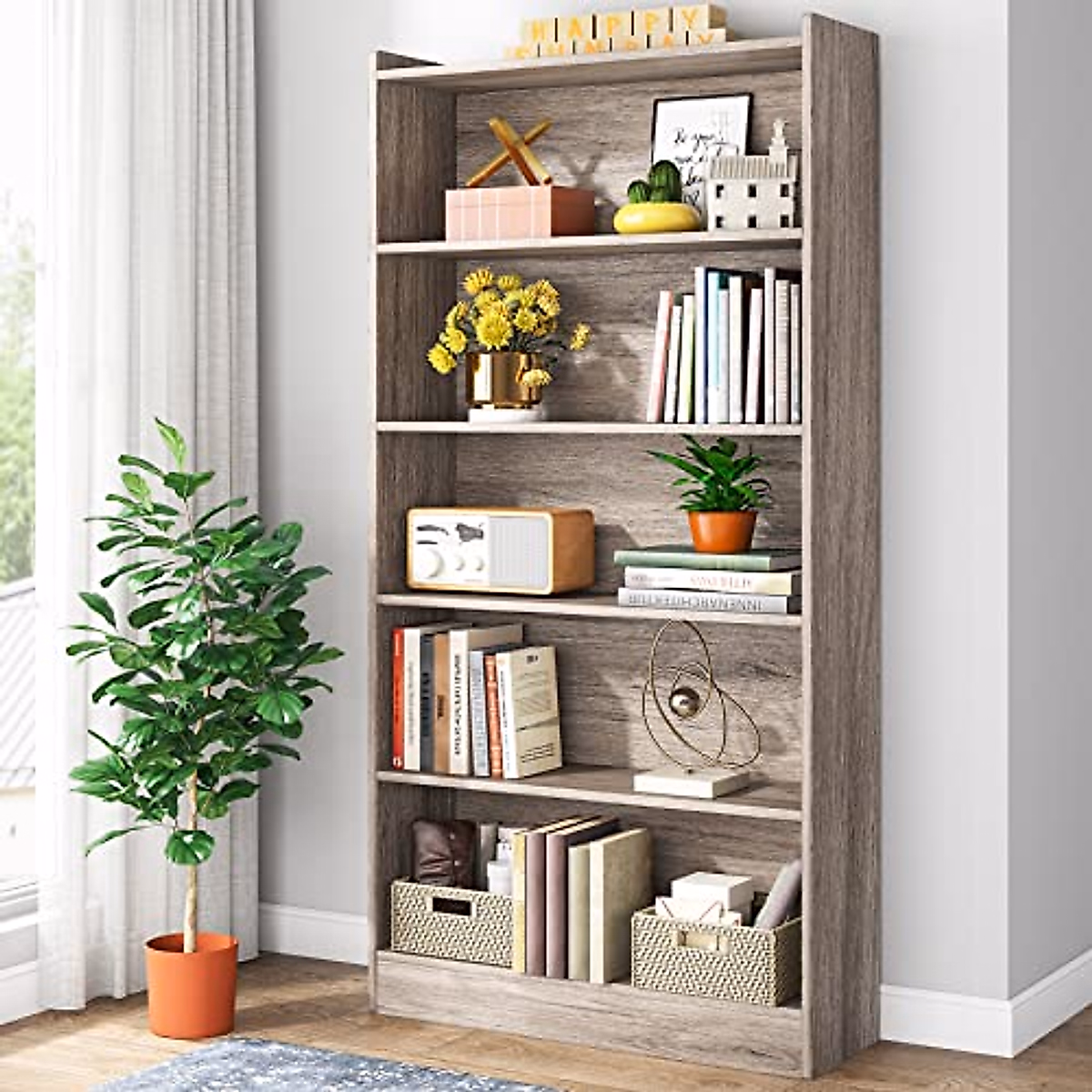 Tribesigns 72-inch Tall Bookcase, Industrial 6-Tier Gray Library Bookshelf with Storage Shelves, Large Open Bookcases Wood Display Shelving Unit for Bedroom Living Room Office, Floor-Standing (Gray)