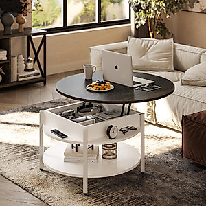 FABATO Round Lift Top Coffee Table with Storage and Hidden Compartment, 26.77'' Farmhouse Coffee Table for Living Room Reception Room, 2 Tier Small Round Coffee Table Circle Dining Table, White