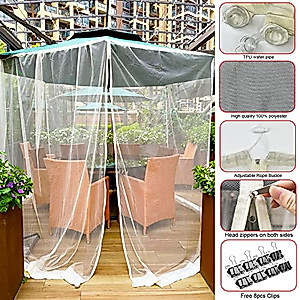 7.5-11 FT Beige Patio Umbrella Mosquito Net, Polyester Mesh Umbrella Screen, Universal Canopy Umbrella Mosquito Netting with Zipper Door and Adjustable Rope, Fits Outdoor Umbrellas and Patio Tables