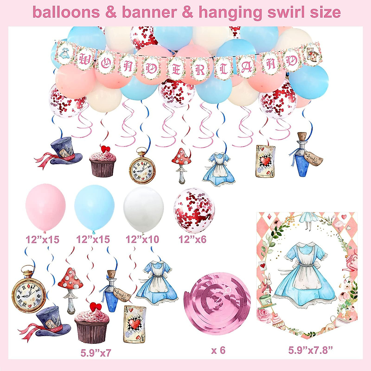 Alice in Wonderland Party Decorations, Fiesec Mad Hatter Tea Party Supplies Alice in Wonderland Hanging Swirl Sign Arrow Directional Sign Banner Yellow Blue Pink