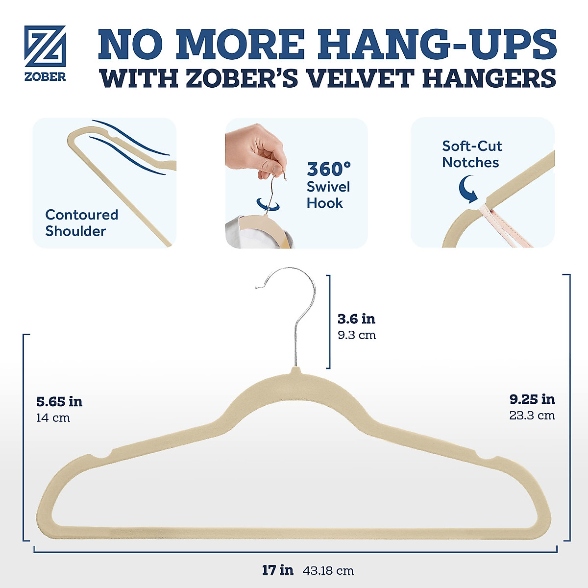 Zober Velvet Hangers 100 Pack - Heavy Duty Ivory Hangers for Coats, Pants & Dress Clothes - Non Slip Clothes Hanger Set - Space Saving Felt Hangers for Clothing