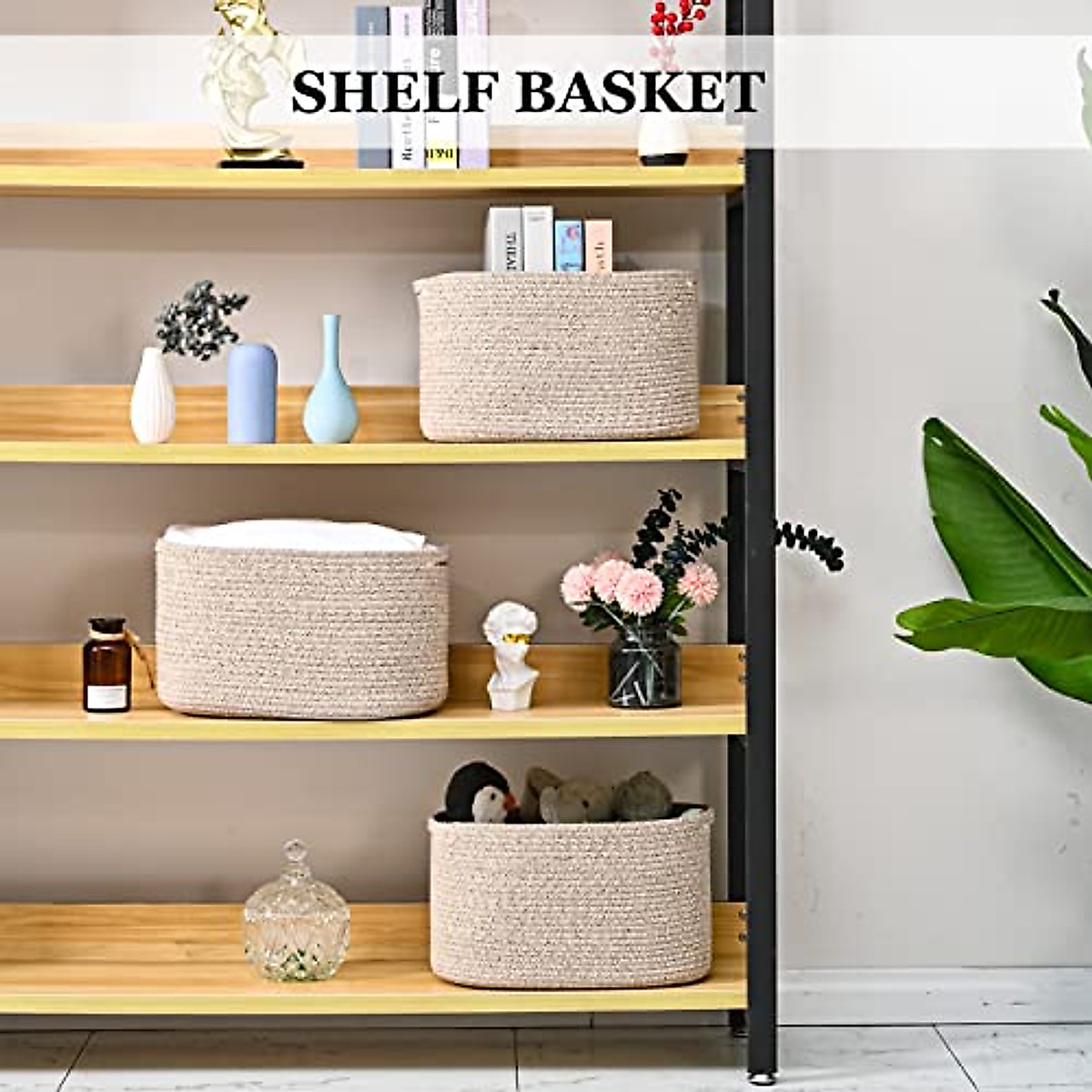 HOMHOLDON Cotton Rope Storage Baskets for Organizing, 15"x10"x9" Set of 1 Woven Basket for Storage, Shelf Basket Cube Storage Bins for Bathroom,Bedroom,Living Room,Laundry,Nursery Room,Clothes,Towels,Toys, Blanket(Brown)