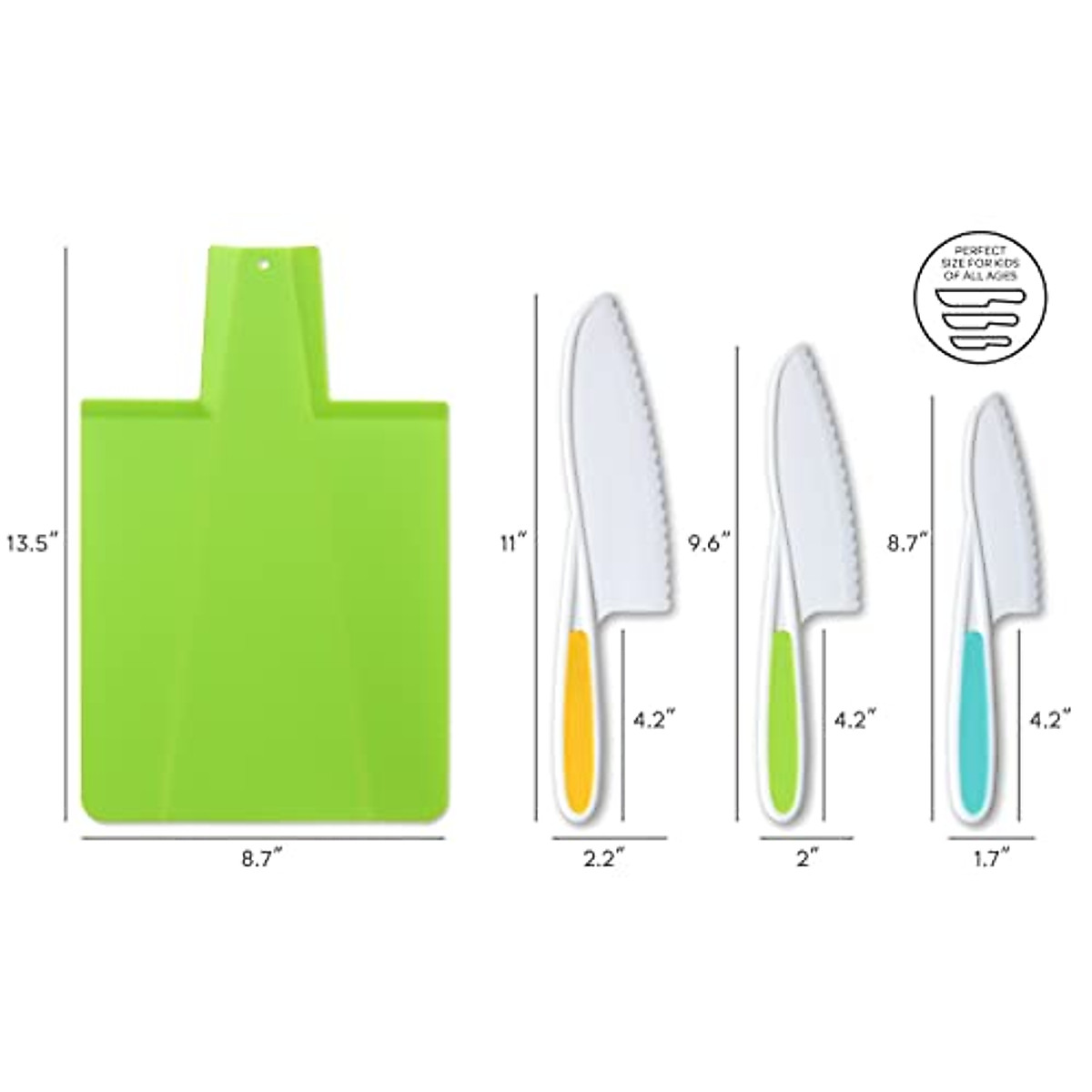 Tovla Jr Kids Kitchen Montessori Knives and Foldable Cutting Board Set: Children's Safety Cooking Knives in 3 Sizes & Colors/Firm Grip, Serrated Edges, BPA-Free Kids' /Safe Lettuce Knives (Green)