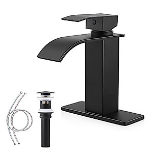 Herogo Black Bathroom Faucet with Bathroom Sink Drain, Single Handle Waterfall Bathroom Sink Faucet for 1 Hole or 3 Holes, Stainless Steel Matte Black Vanity RV Lavatory Faucet with Water Supply Hoses