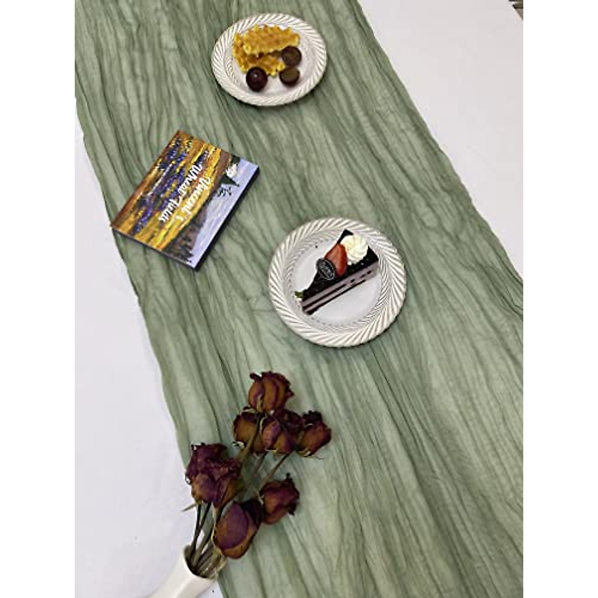 Cheesecloth Table Runner Terracotta 35x118in Wrinkle Gauze Table Runner 10ft for Wedding Party Decor Backdrop (SAGE Green)