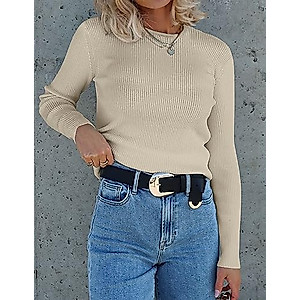ZESICA Women's Long Sleeve Crewneck Shirts 2023 Fall Clothes Ribbed Knit Sweaters Slim Fitted Casual Basic Tee Tops,Almond,Large