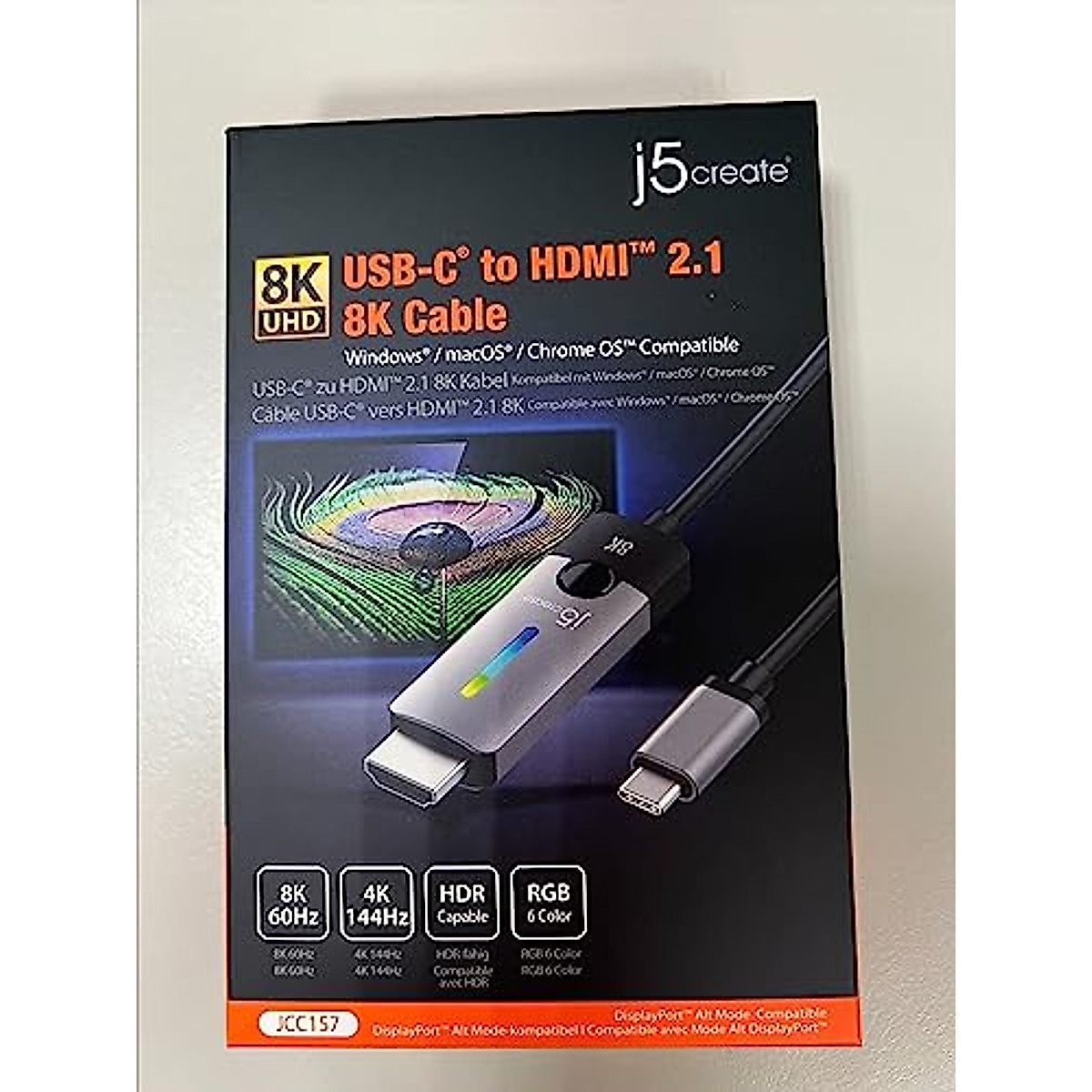 j5create USB Type C to HDMI Cable- 5.9FT / 1.8m (8K@60Hz, 4K@120Hz) with RGB LED Light for MacBook Pro, MacBook Air, iPad Pro, Samsung Galaxy, Surface Pro, Dell, HP (JCC157)