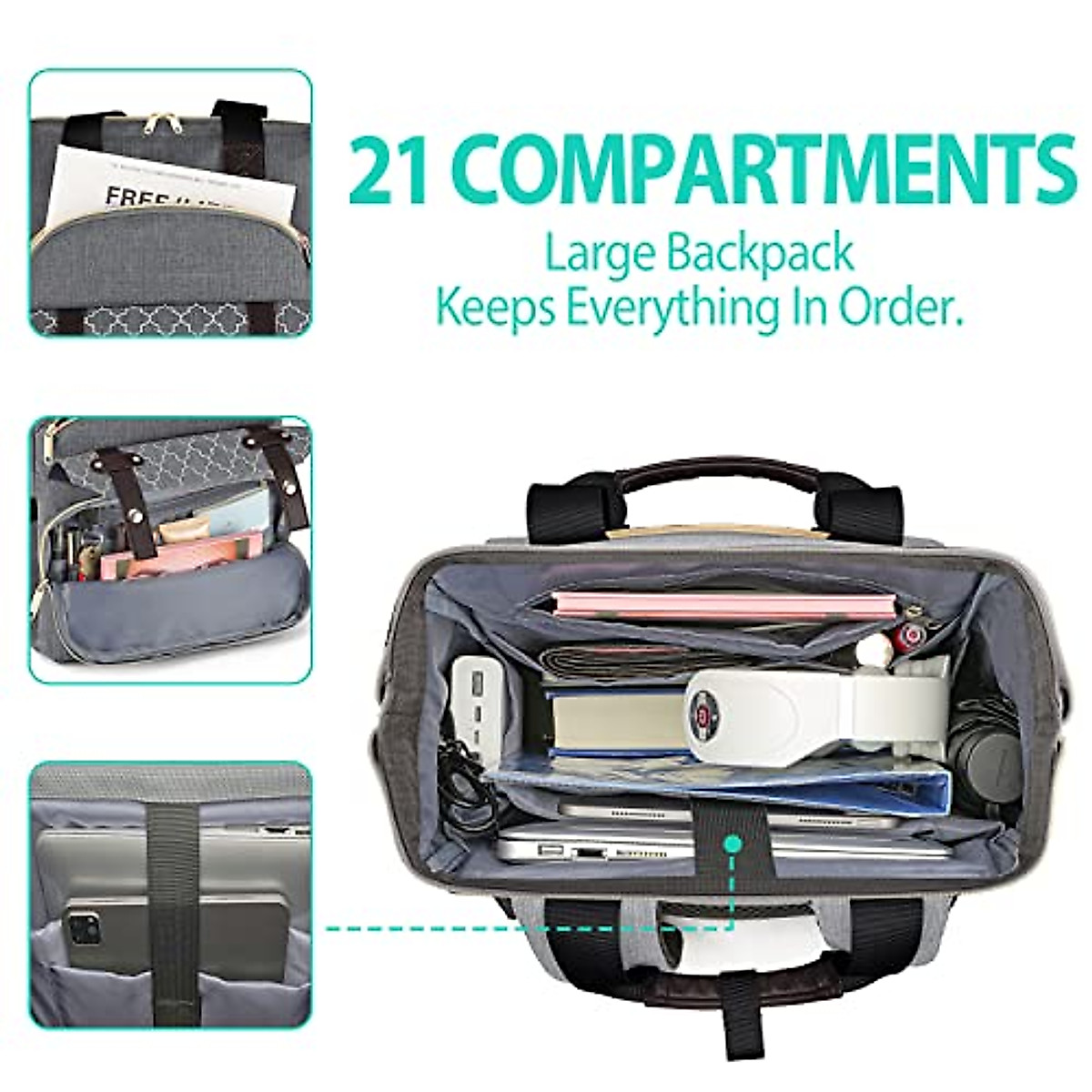 Kuosdaz Travel Backpack for Women Men, Large Wide Open Womens Backpack for Work, Water Resistant Collage Backpack with USB Port, 17.3 Inch School Bookbag Computer Bag for Doctor Teacher Nurse, Grey