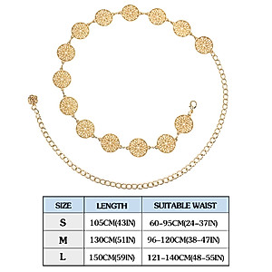 DTWAWA Hollow Round Decor Chain Belts for Women, Metal Waist Chain Plus Size for Her Dresses(Gold,41.3in)