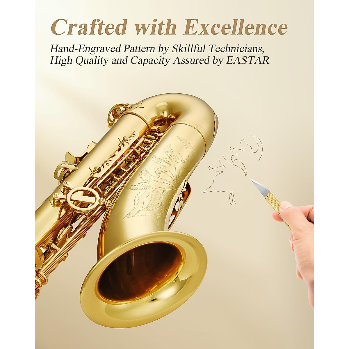 Eastar Tenor Saxophone Student Tenor Saxophone Bb Tenor Sax B Flat Gold Lacquer Beginner Saxophone With Cleaning Cloth,Carrying Case,Mouthpiece,Neck Strap, Reeds, Full Kit, TS-Ⅱ