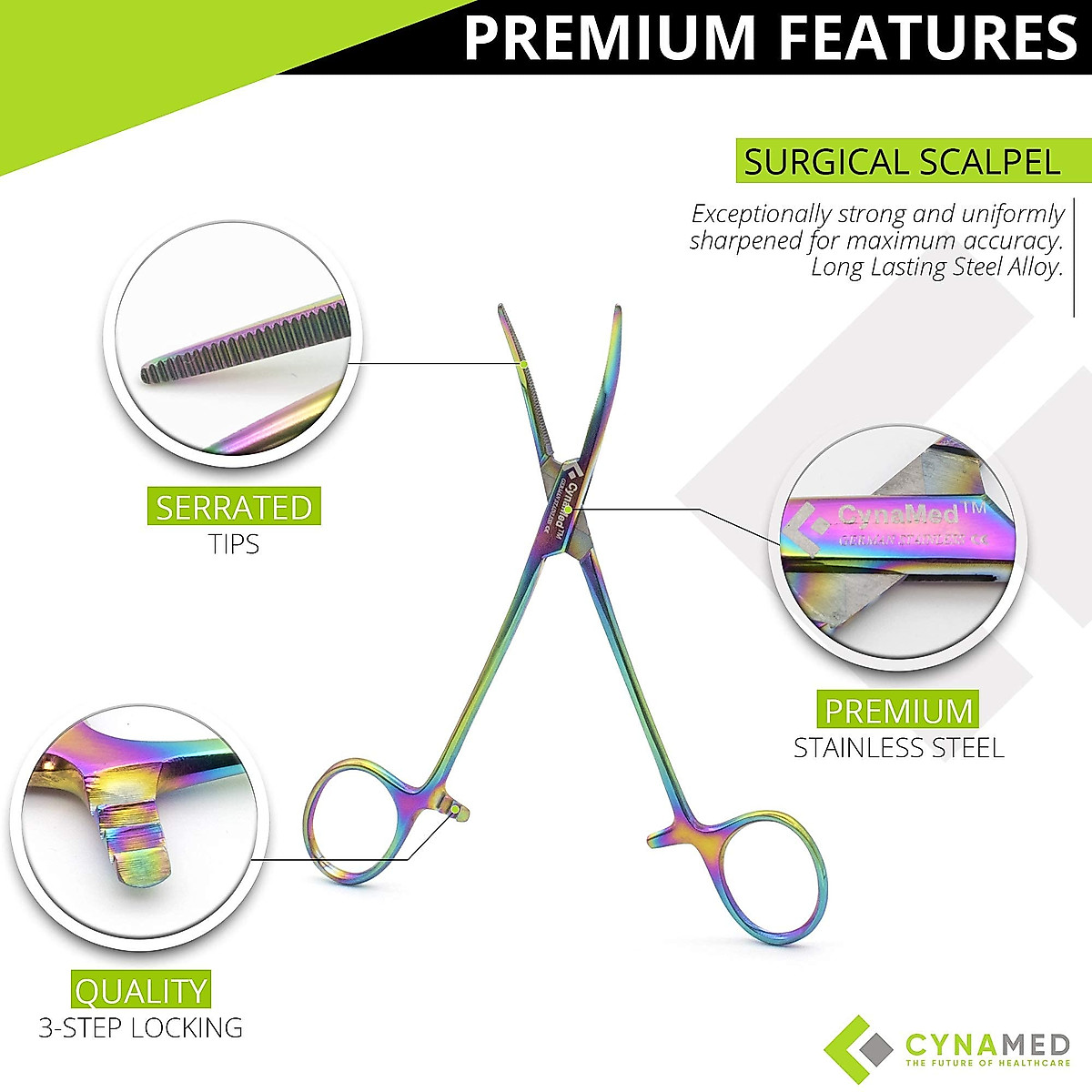 Cynamed Set of 2 Artzone Multi Color Hemostat Forceps with Serrated Jaws, Stainless Steel Rainbow Pliers - 5 inch