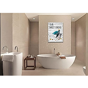 citari Sea Turtle Bathroom Wall Art Teal Sea Turtle Pictures Funny Sea Turtle in Bathtub Canvas Painting Print Artworks Coastal Beach Themed Ocean Animal Nautical Bathroom Decor Framed12''x16''