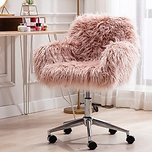 Modern Swivel Vanity Chair with Wheels for Bedroom Pink Faux Fur Desk Chair for Makeup Room Cute Upholstered Accent Swivel Chair for Living Room Small Home Office
