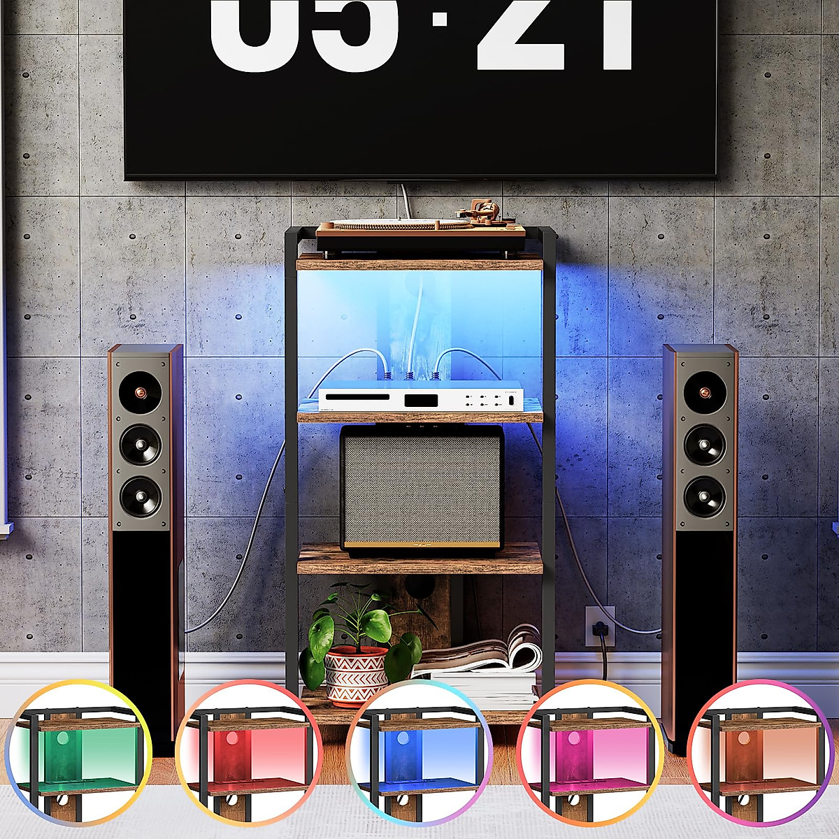 HOOBRO 4-Tier AV Media Stand, Media Console with Charging Station and LED Light Strip, Entertainment Device Stand, Game Console, Record Player, Media Accessories, Rustic Brown and Black BF38UDCJ01