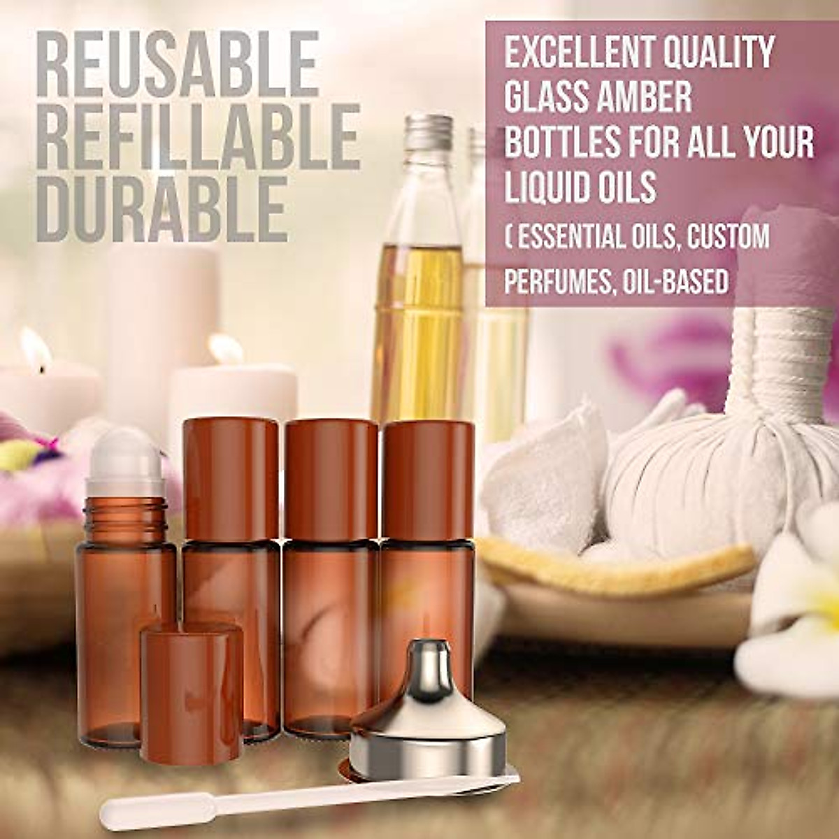 4 Pack Essential Oil Roller Bottles [Plastic Roller Ball] FREE Plastic Pippette and Funnel - Refillable Glass Color Roll On for Fragrance Essential Oil - 30ml 1 oz (ORANGE)