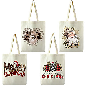Abbylike 4 Pcs Christmas Canvas Tote Bag Reusable Grocery Shopping Bags with Interior Pocket Cute Casual Reusable Shoulder Bag for Supermarket Shopping Party Xmas Gifts Favor Supplies Women Presents
