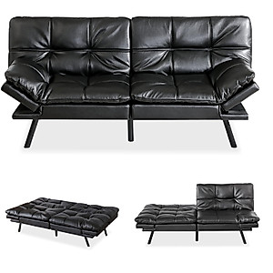 MUUEGM Futon Sofa Bed, 71" Futon Couch Filled with Memory Foam, Modern Loveseat with Adjustable Backrests Armrests, Sofas for Living Room, Game Room, Office, Dormitory.Black Leather