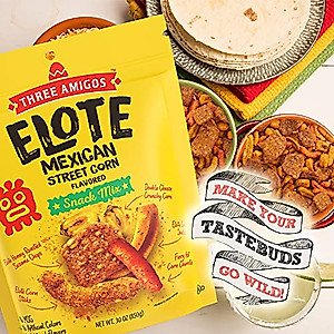 Three Amigos - Elote Mexican Street Corn Snack Mix- Deliciously Crunchy, Tangy, Hot, Sweet & Spicy Snacks - Gourmet Roasted Variety Food Snacks for Adults and Kids (Elote 30 oz)