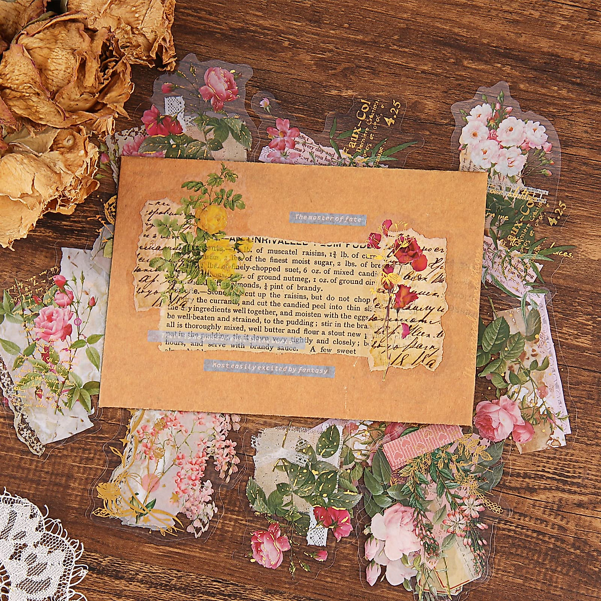 Dizdkizd Gold Foil Floral Stickers (180 Pieces), Transparent Aesthetics Sticker Set Vintage Scrapbooking Stickers for Card Making Envelope Gift Wrapping Journaling