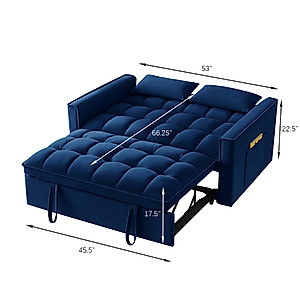 LUMISOL 4 in 1 Loveseat Sofa Bed with Armrests and Storage Pockets, Multifunctional Tufted Pull-Out Sofa Bed with Adjustable Backrest and Pillows, Convertible Loveseat Sofa Couch, 2 Seat, Blue