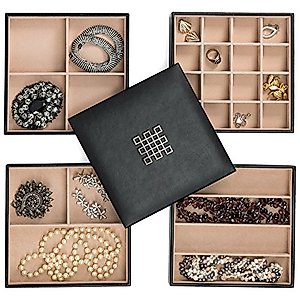 Glenor Co Jewelry Organizer Tray - 4 Stackable Trays & Lid with Mirror - 27 Slot Storage for Drawer, Dresser - Black