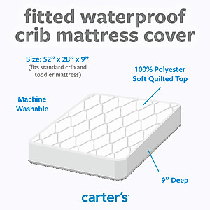 Carters Waterproof Fitted Crib Mattress Pad and Toddler Crib Mattress Protector - Baby Crib Mattress Cover - Protective Sheet for Boys and Girls Bedding Sets White
